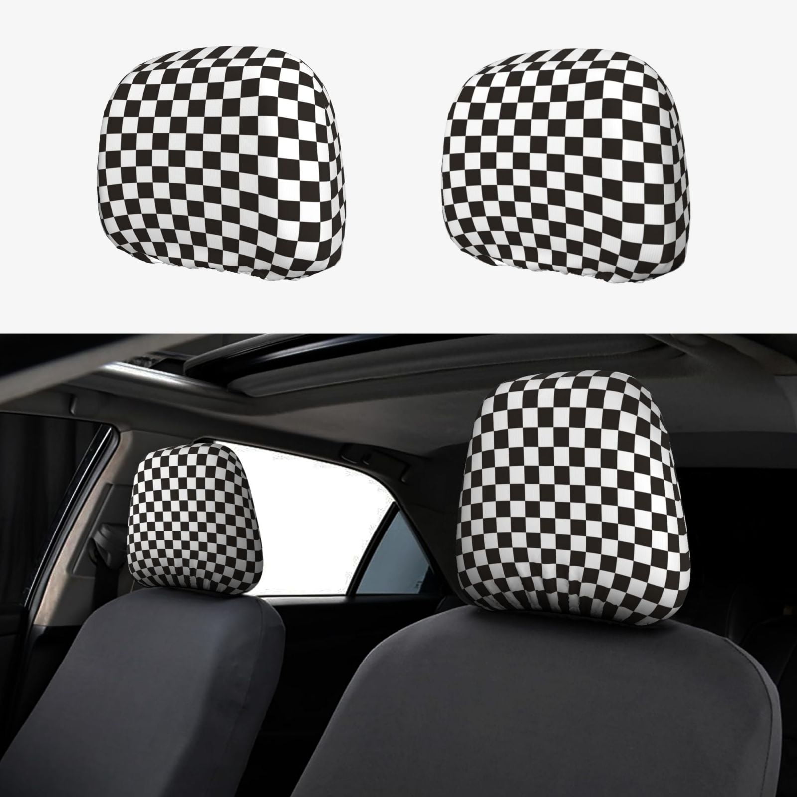 2 PCS Car Headrest Cover, Black and White Checkerboard Soft Car Seat ...