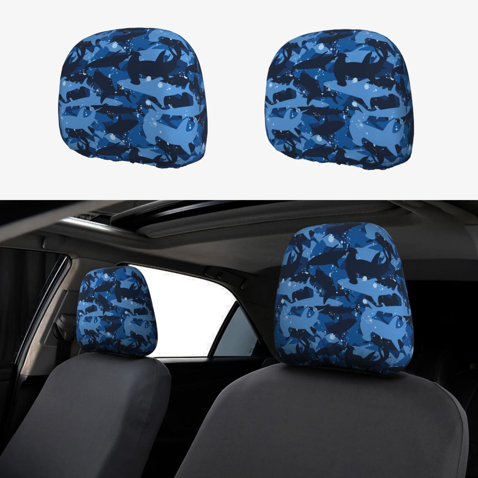 2 PCS Car Headrest Cover, Blue camouflage hammerhead shark Soft Car ...