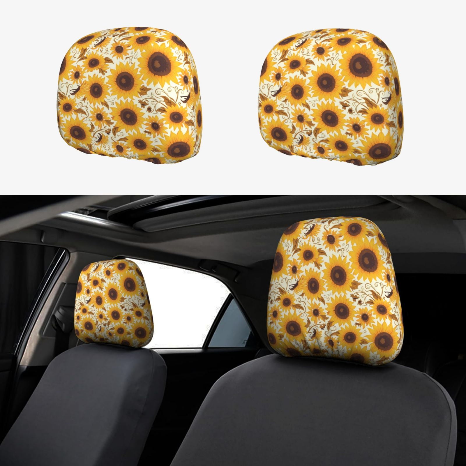 2 PCS Car Headrest Cover, Brown Leaf Pattern Sunflower Soft Car Seat ...