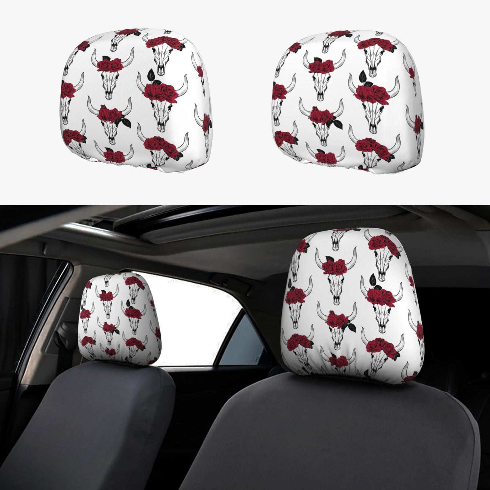 2 PCS Car Headrest Cover, Bull skull rose white cool Soft Car Seat Head ...