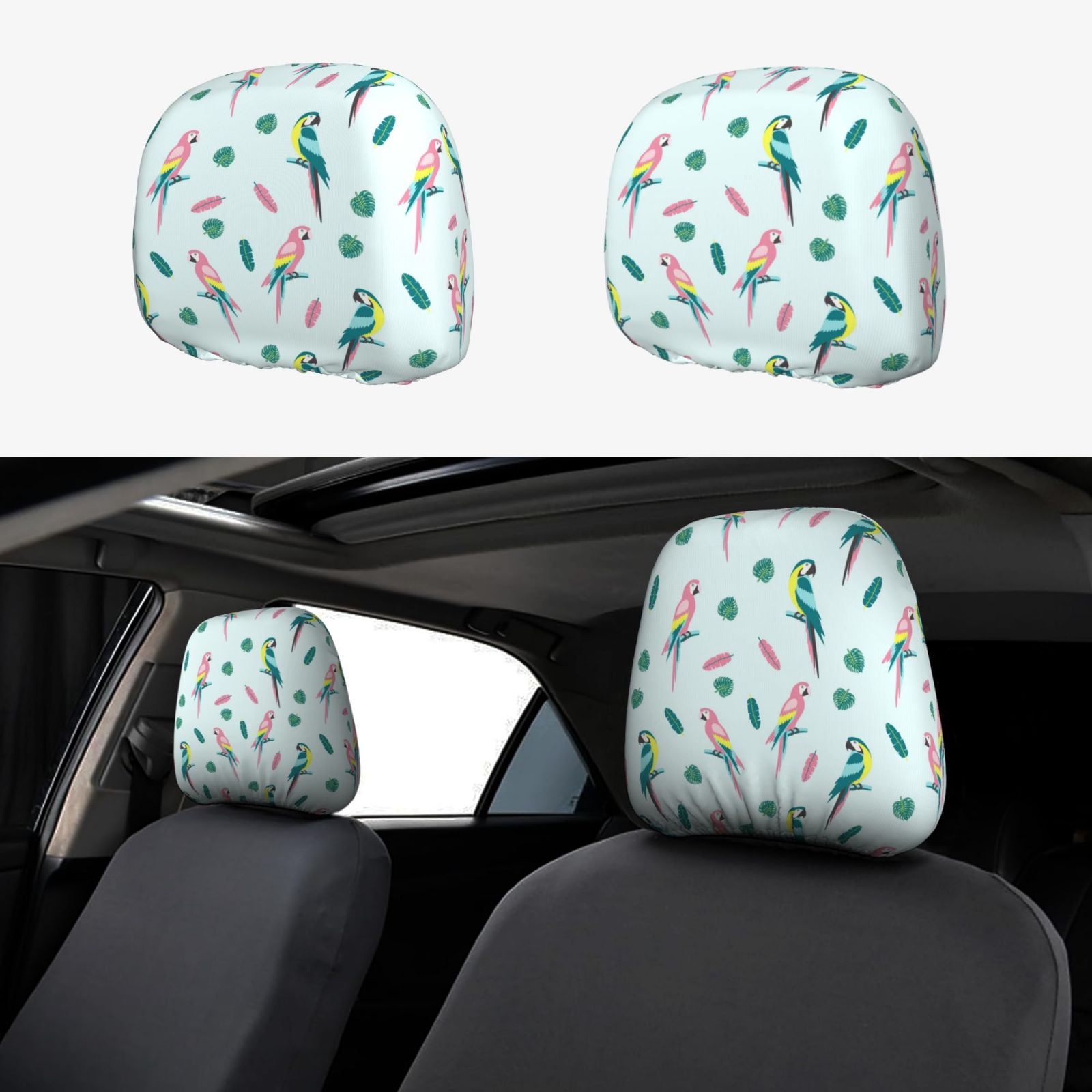 2 PCS Car Headrest Cover, Cartoon Colorful Parrot Feathers Soft Car ...