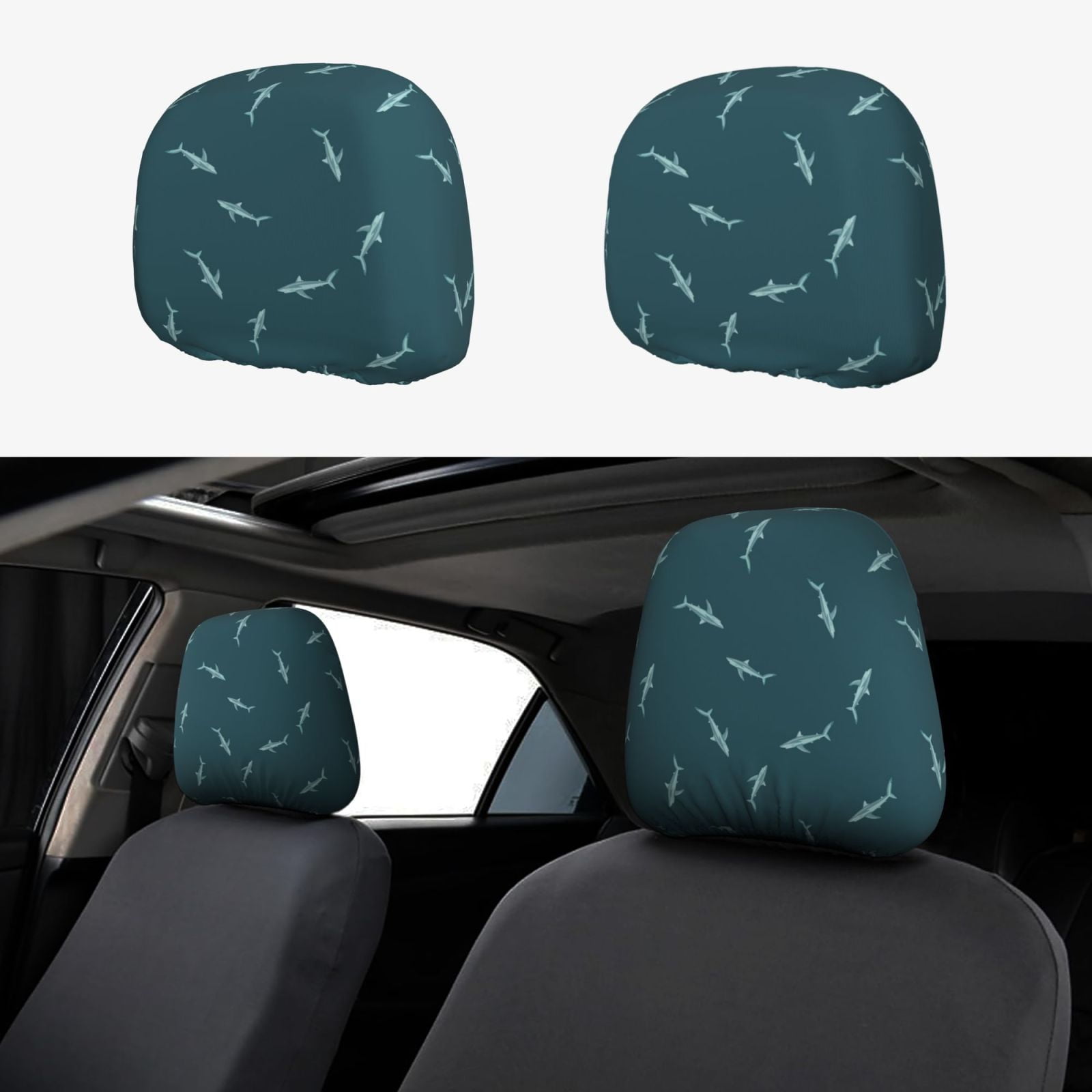 2 PCS Car Headrest Cover, Cartoon Cool Cute Shark Green Soft Car Seat ...