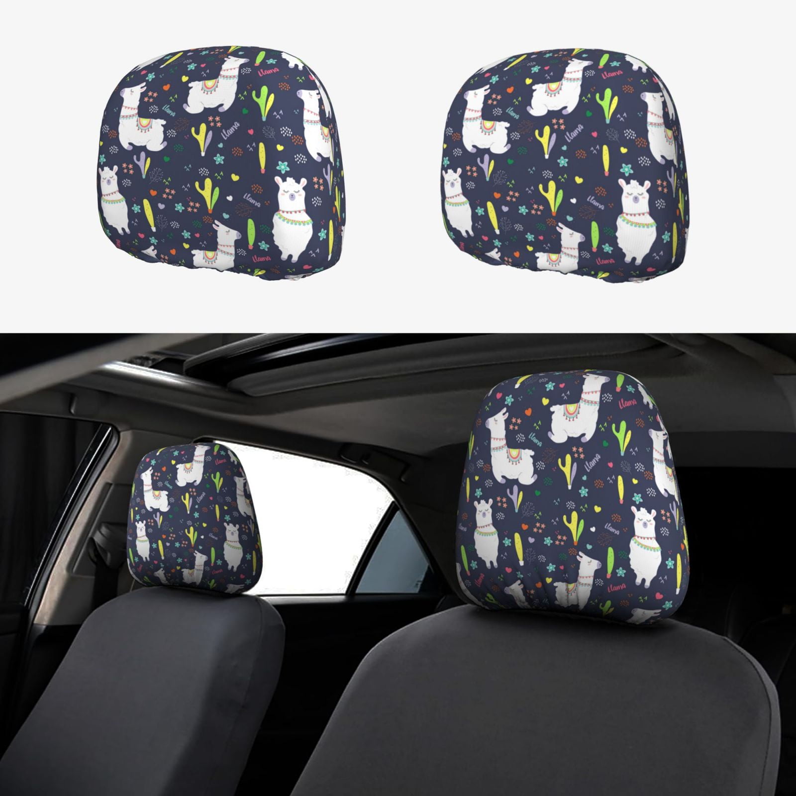 2 PCS Car Headrest Cover Cartoon Cute Alpaca Cactus Flower Breathable ...