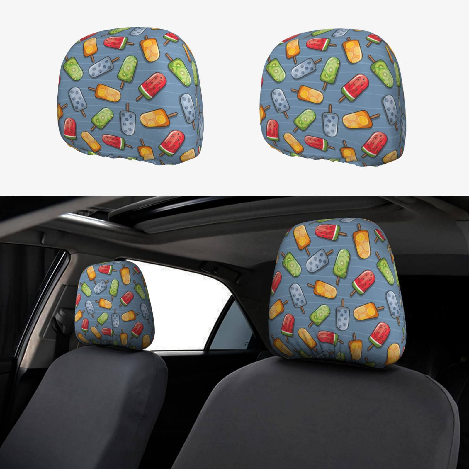 2 PCS Car Headrest Cover, Cartoon Fruit Popsicle Print Soft Car Seat ...