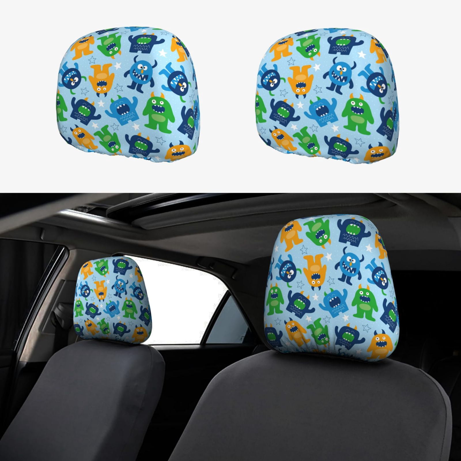 2 PCS Car Headrest Cover, Cartoon Monster Soft Car Seat Head Rest Cover ...
