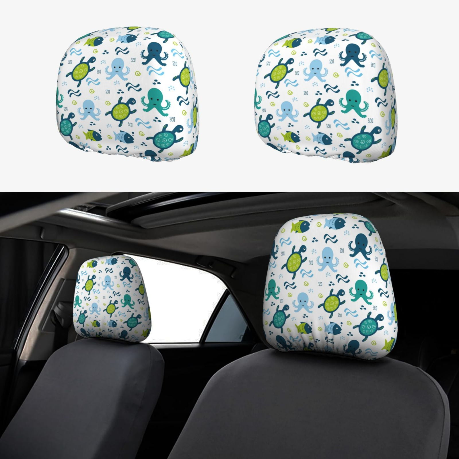 2 PCS Car Headrest Cover, Cartoon Sea creatures Soft Car Seat Head Rest ...