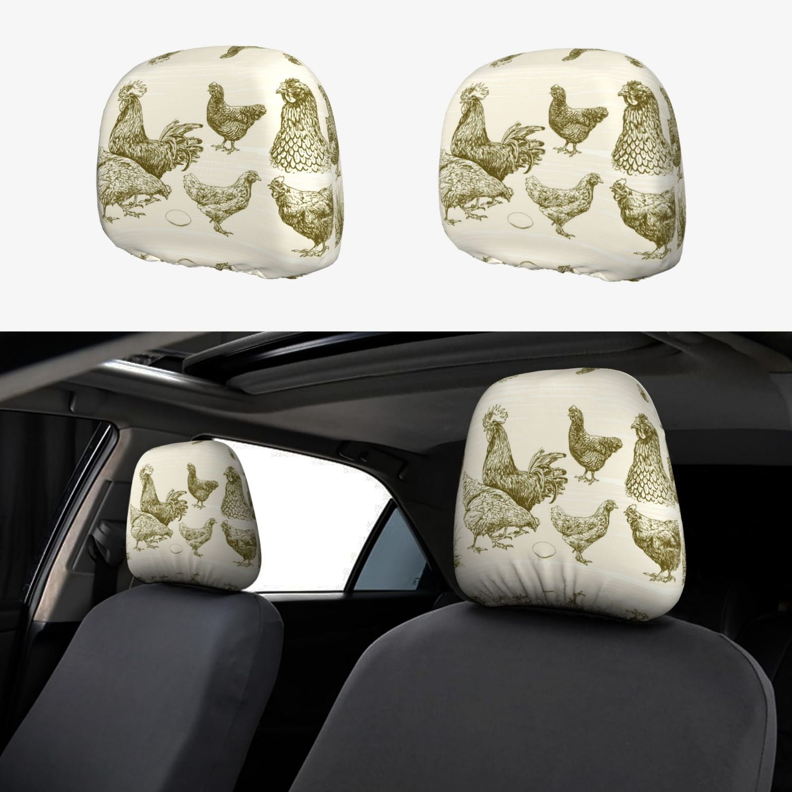 2 PCS Car Headrest Cover Chickens Breathable Flexible Elastic Car Seat ...