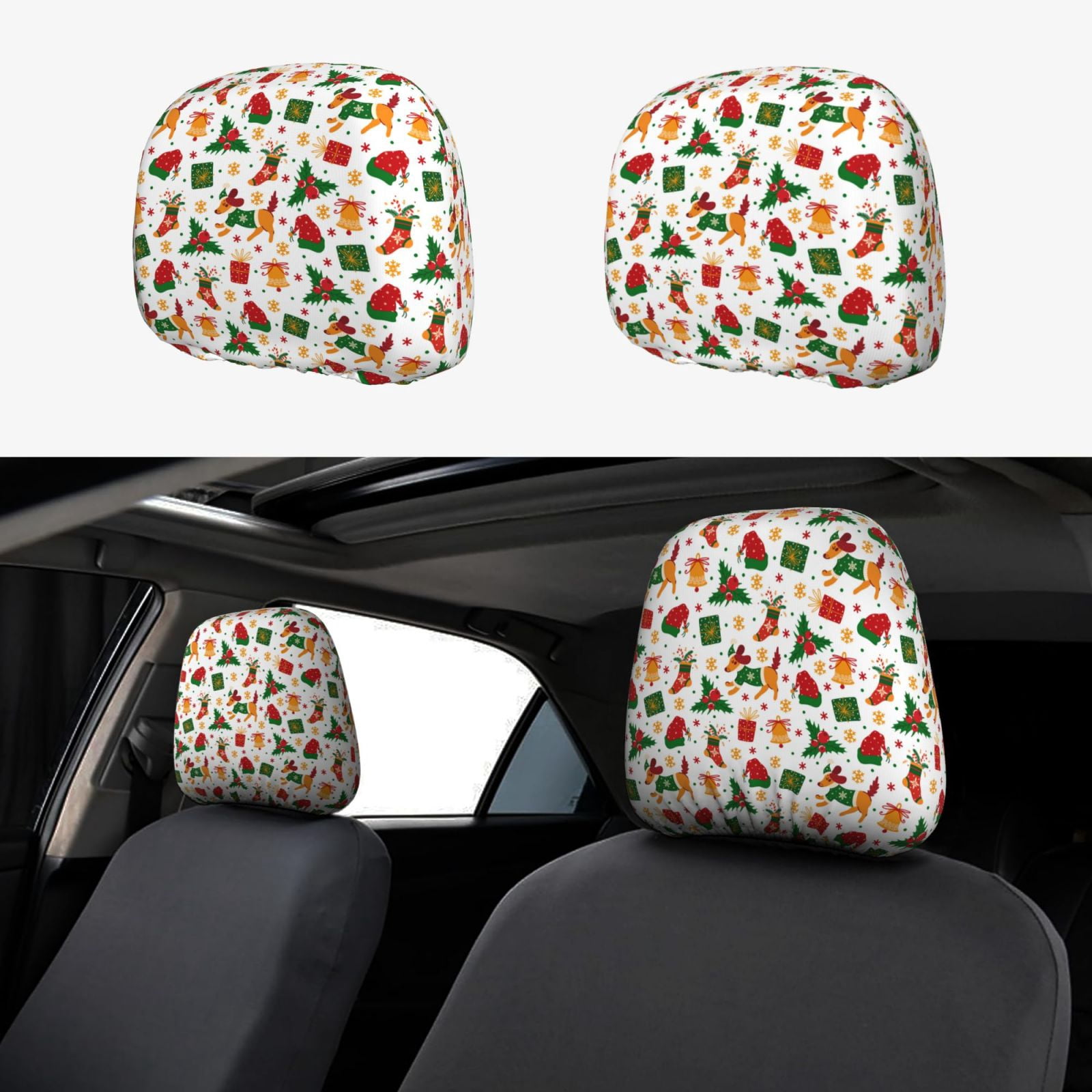 2 PCS Car Headrest Cover, Christmas Hat Cute Puppy Soft Car Seat Head ...