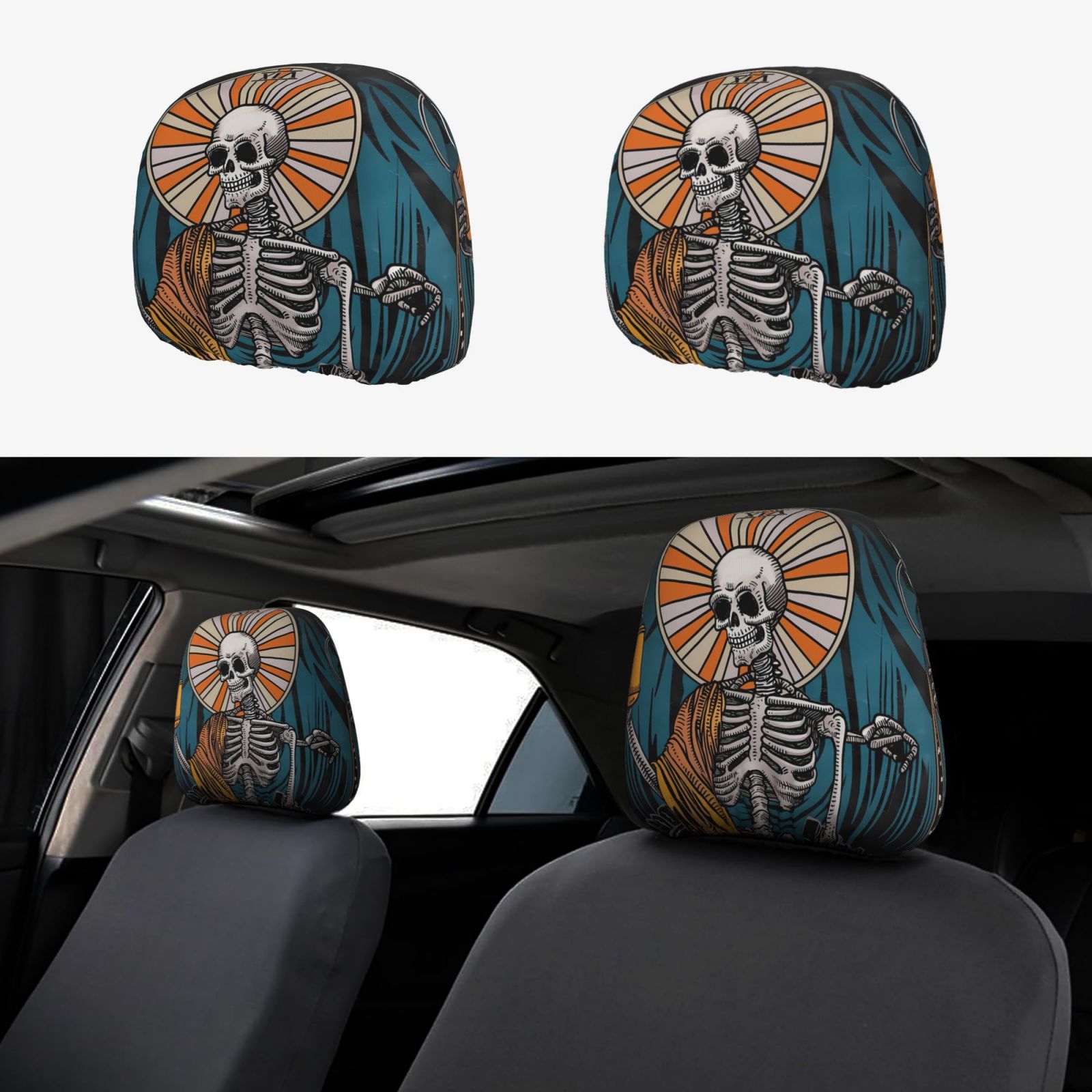 2 PCS Car Headrest Cover, Coffee-Drinking Skull Soft Car Seat Head Rest ...