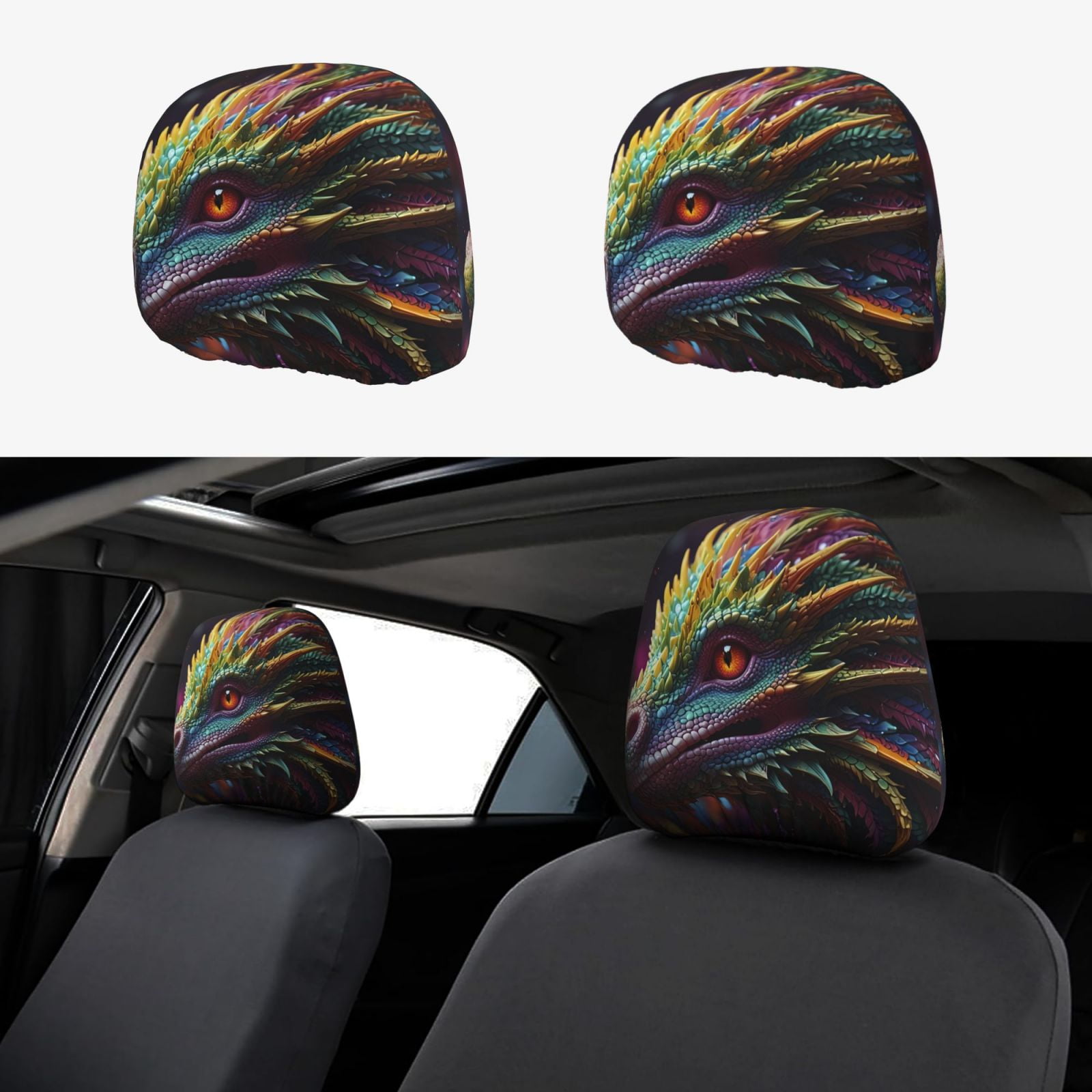 2 PCS Car Headrest Cover, Colorful Dragon Head Profile Soft Car Seat ...
