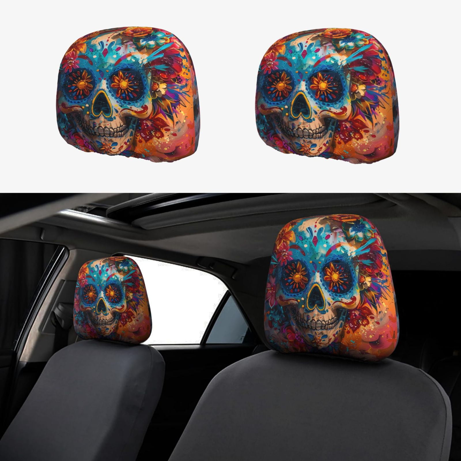 2 PCS Car Headrest Cover, Colorful Floral Skull A Soft Car Seat Head ...