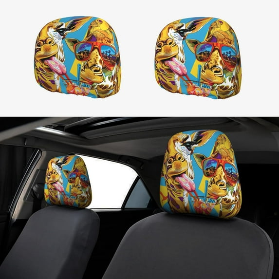 2 PCS Car Headrest Cover, Colorful Giraffes with Drinks Soft Car Seat ...