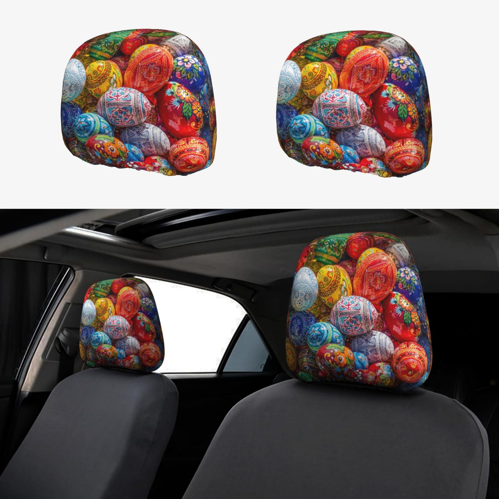 2 PCS Car Headrest Cover, Colorful Hand Painted Easter Eggs Soft Car ...