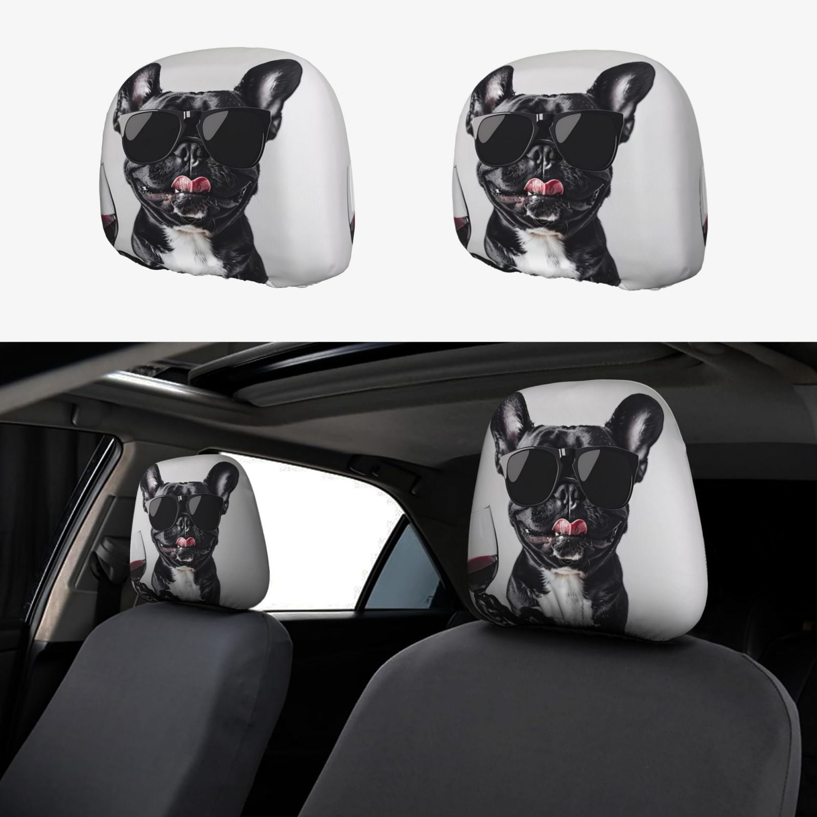 2 PCS Car Headrest Cover, Cool French Bulldog Wine Soft Car Seat Head ...