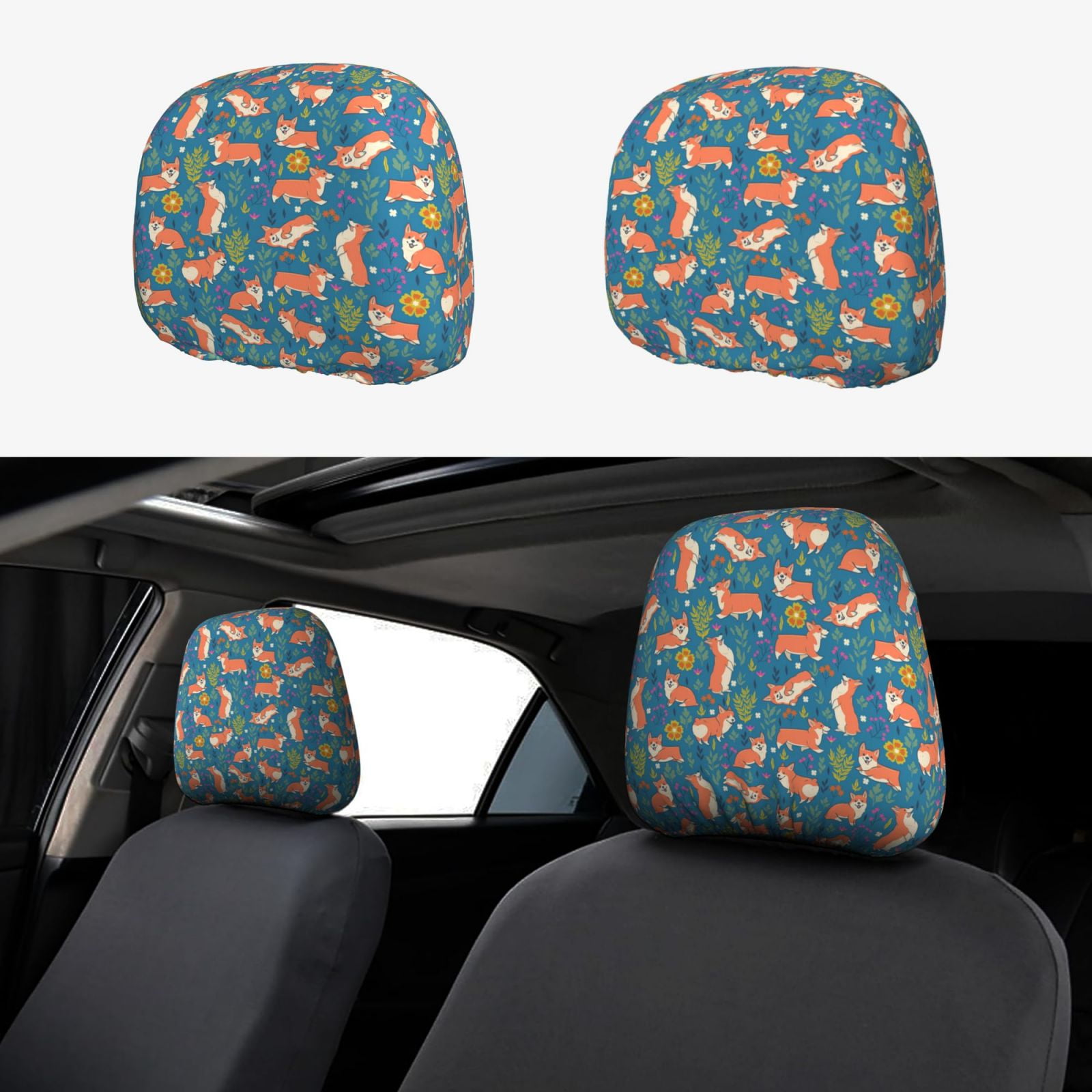 2 PCS Car Headrest Cover, Corgi with Flowers Soft Car Seat Head Rest ...
