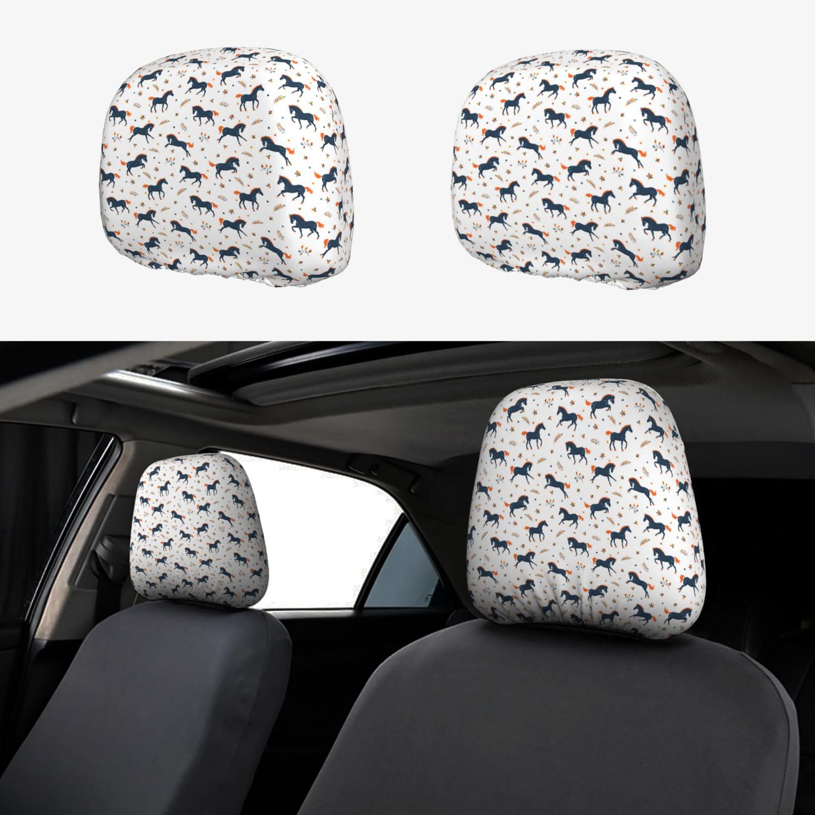 2 PCS Car Headrest Cover Cute Cartoon Horse Flower Leaves_A Breathable ...