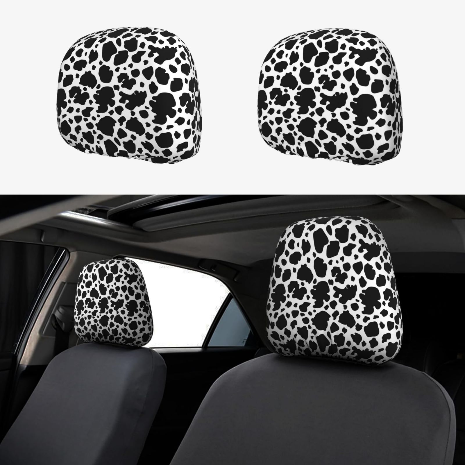 2 PCS Car Headrest Cover, Cute Cow Print Black White Soft Car Seat Head ...
