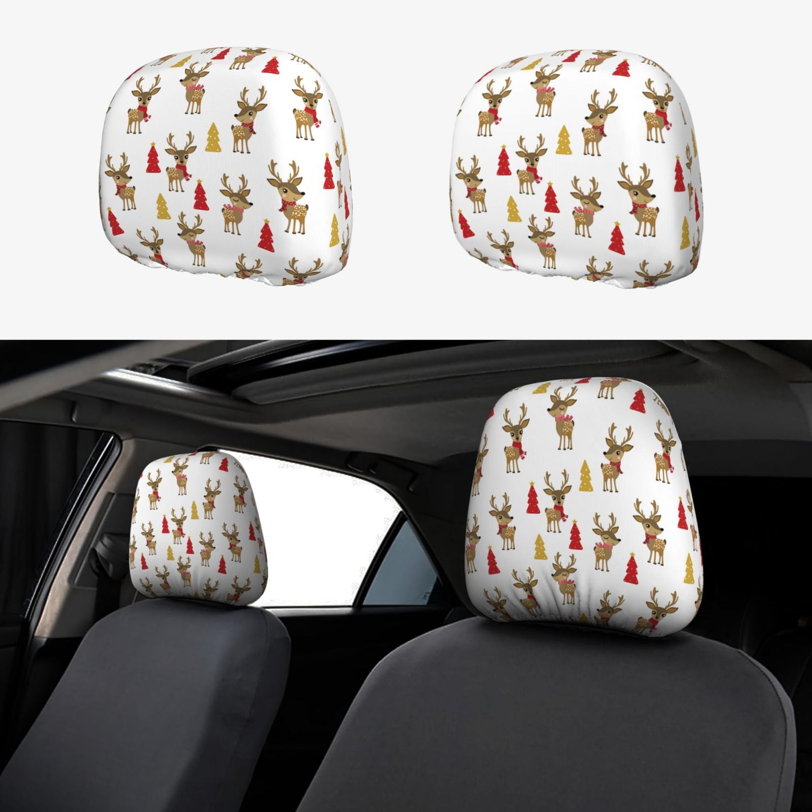 2 PCS Car Headrest Cover Cute Deer Elk Christmas Tree Breathable ...
