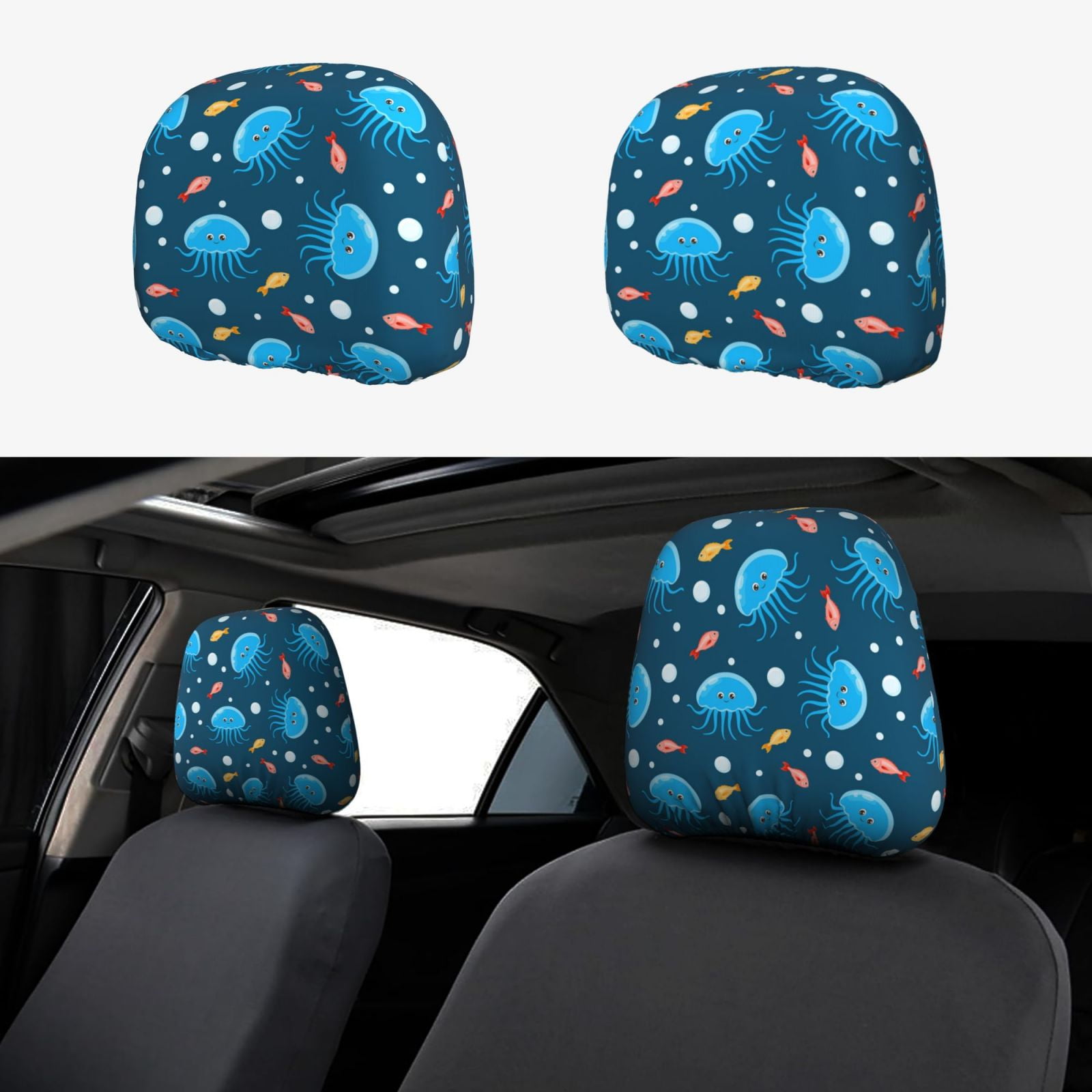 2 PCS Car Headrest Cover, Cute Fish Blue Jellyfish Soft Car Seat Head ...