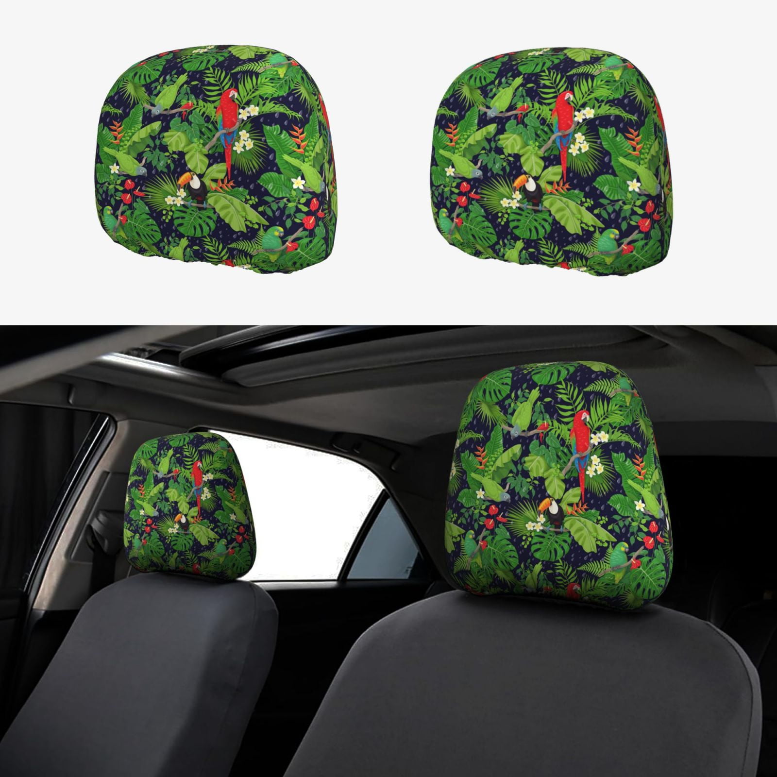 2 PCS Car Headrest Cover Cute Parrot Toucan Plant Breathable Flexible ...