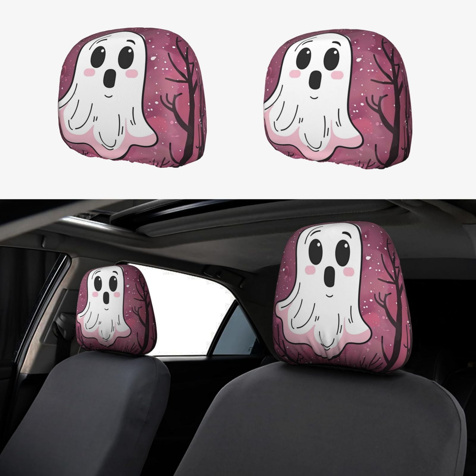 2 PCS Car Headrest Cover, Cute Pink Halloween Ghost Soft Car Seat Head ...