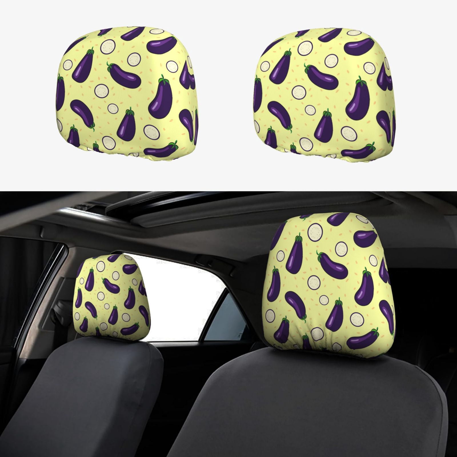 2 PCS Car Headrest Cover, Eggplant slices cartoon Soft Car Seat Head ...