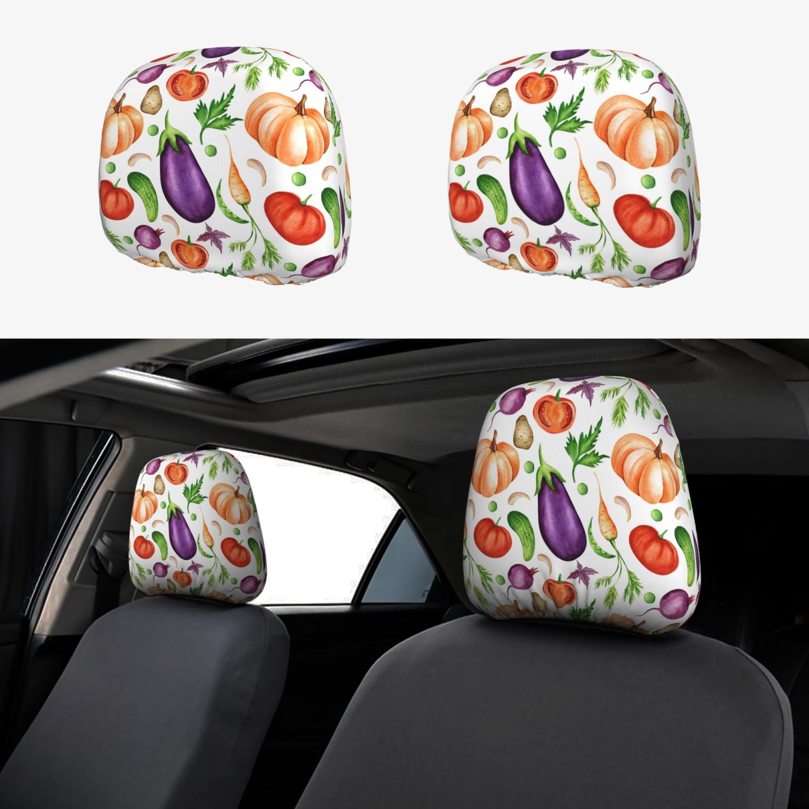 2 PCS Car Headrest Cover Eggplant vegetable pumpkin Breathable Flexible ...
