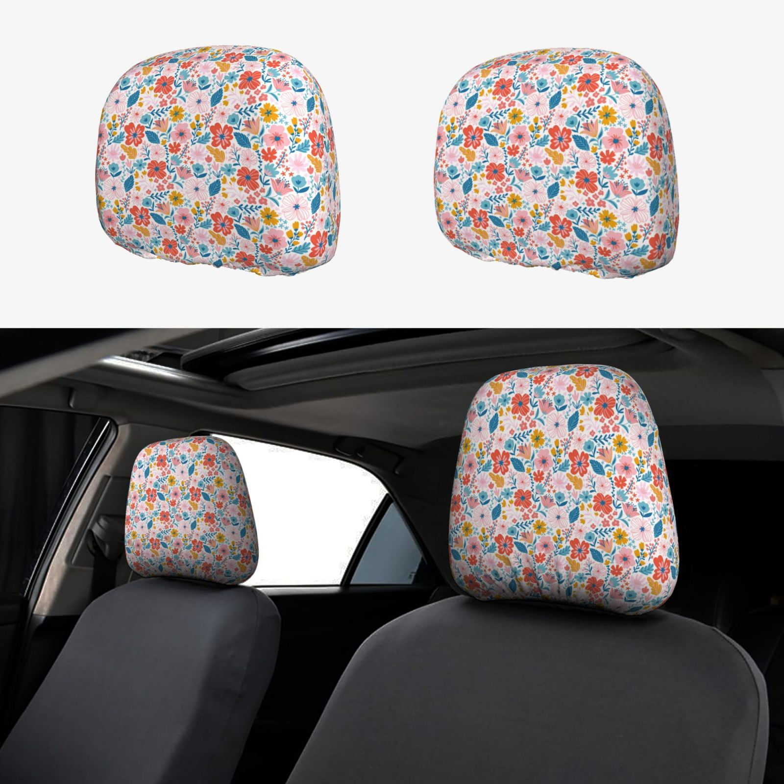 2 PCS Car Headrest Cover Floral Ditsy Breathable Flexible Elastic Car ...