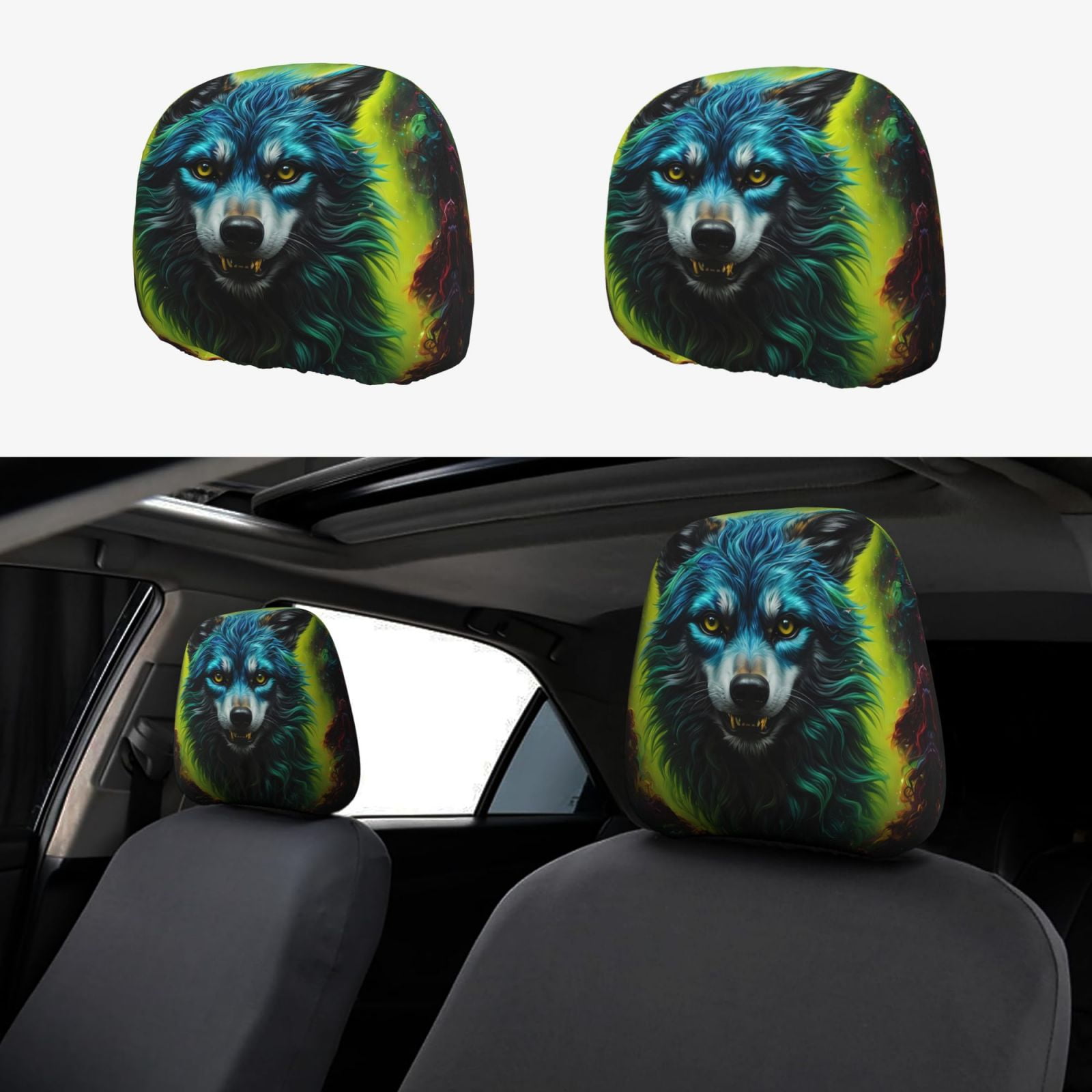 2 PCS Car Headrest Cover, Fluorescent Wolf Soft Car Seat Head Rest ...