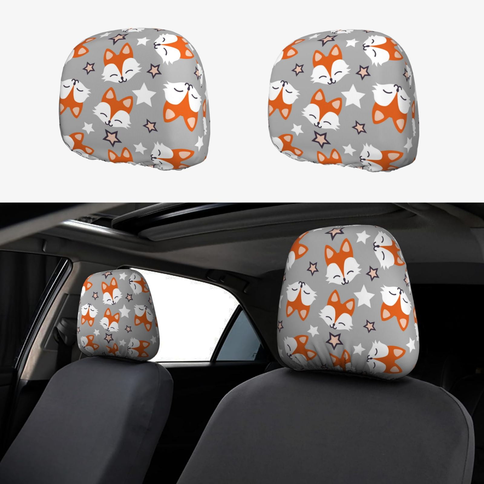 2 PCS Car Headrest Cover, Fox Stars Printed Gray Soft Car Seat Head ...