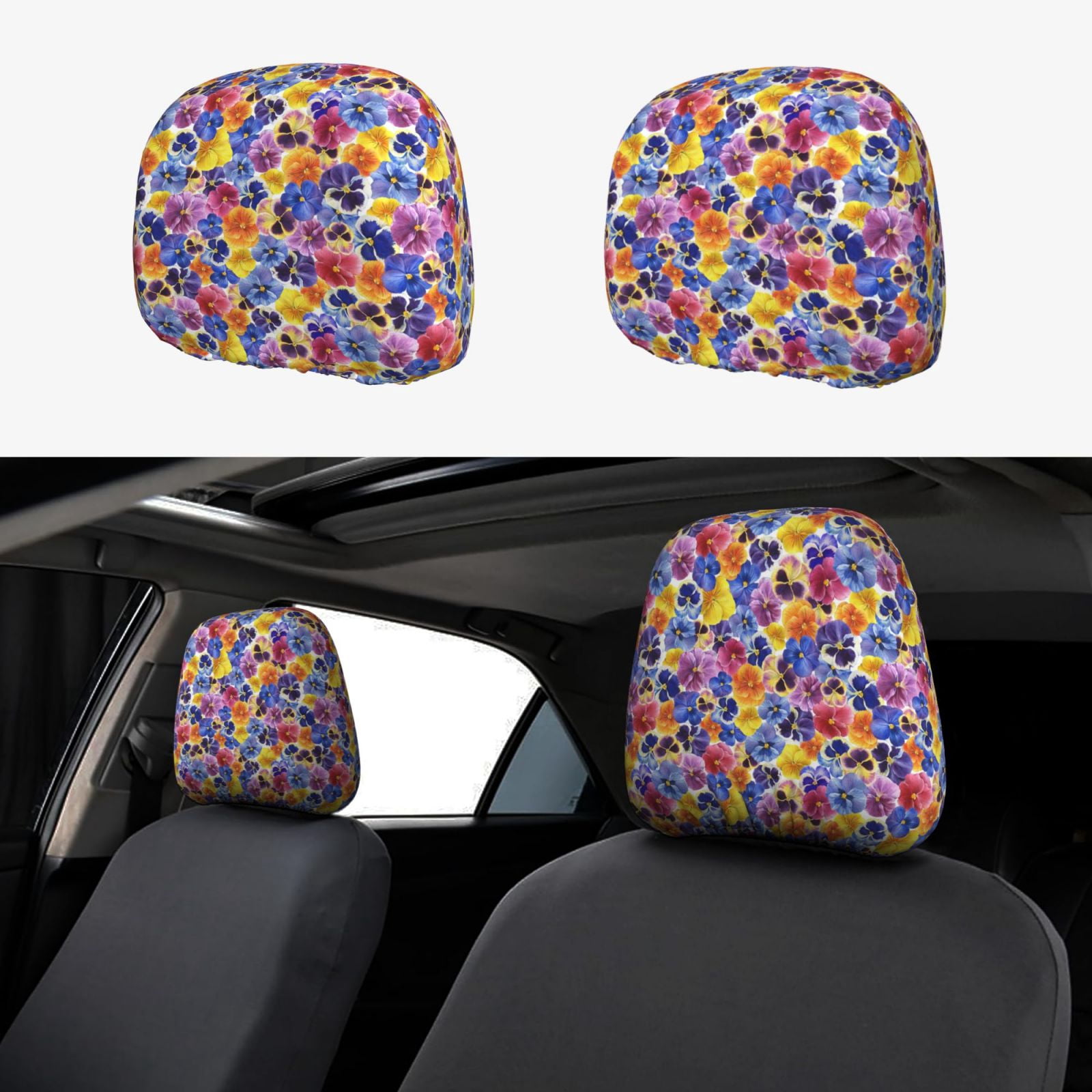 2 PCS Car Headrest Cover, Garden Tricolor Pansy Flower Soft Car Seat ...