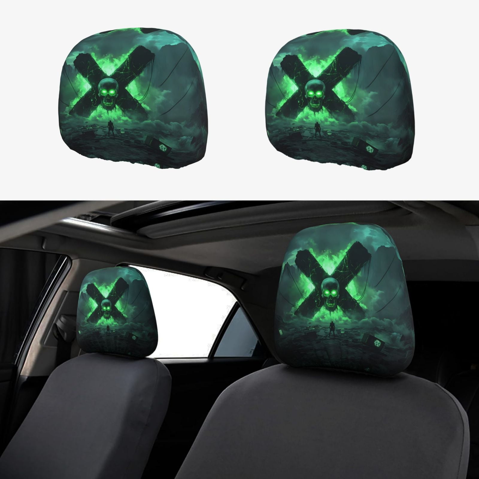 2 PCS Car Headrest Cover Green Flame Skull Breathable Flexible Elastic ...