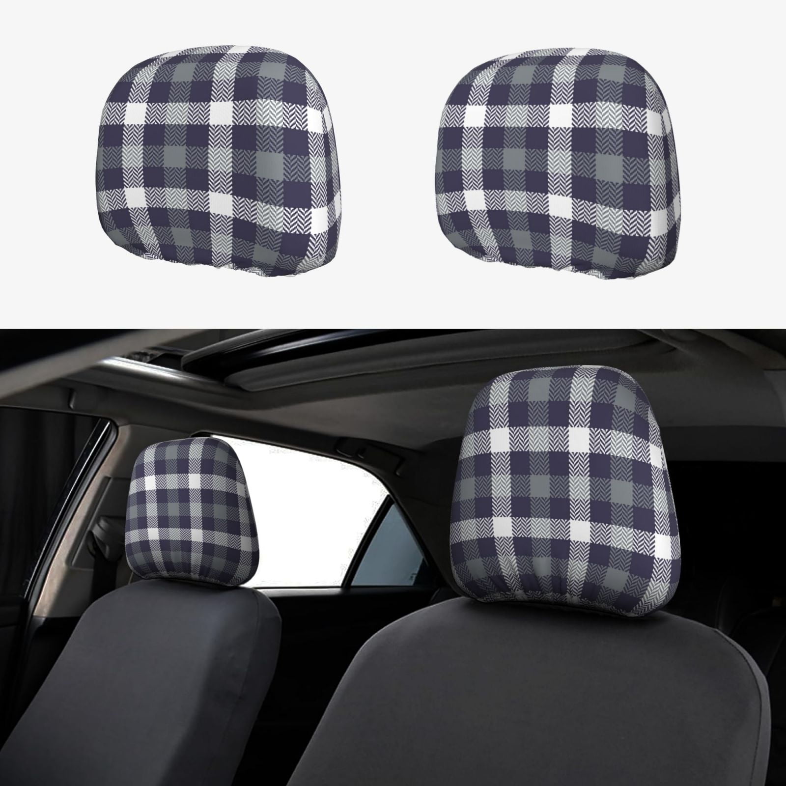 2 PCS Car Headrest Cover, Grey White Striped Plaid Soft Car Seat Head ...
