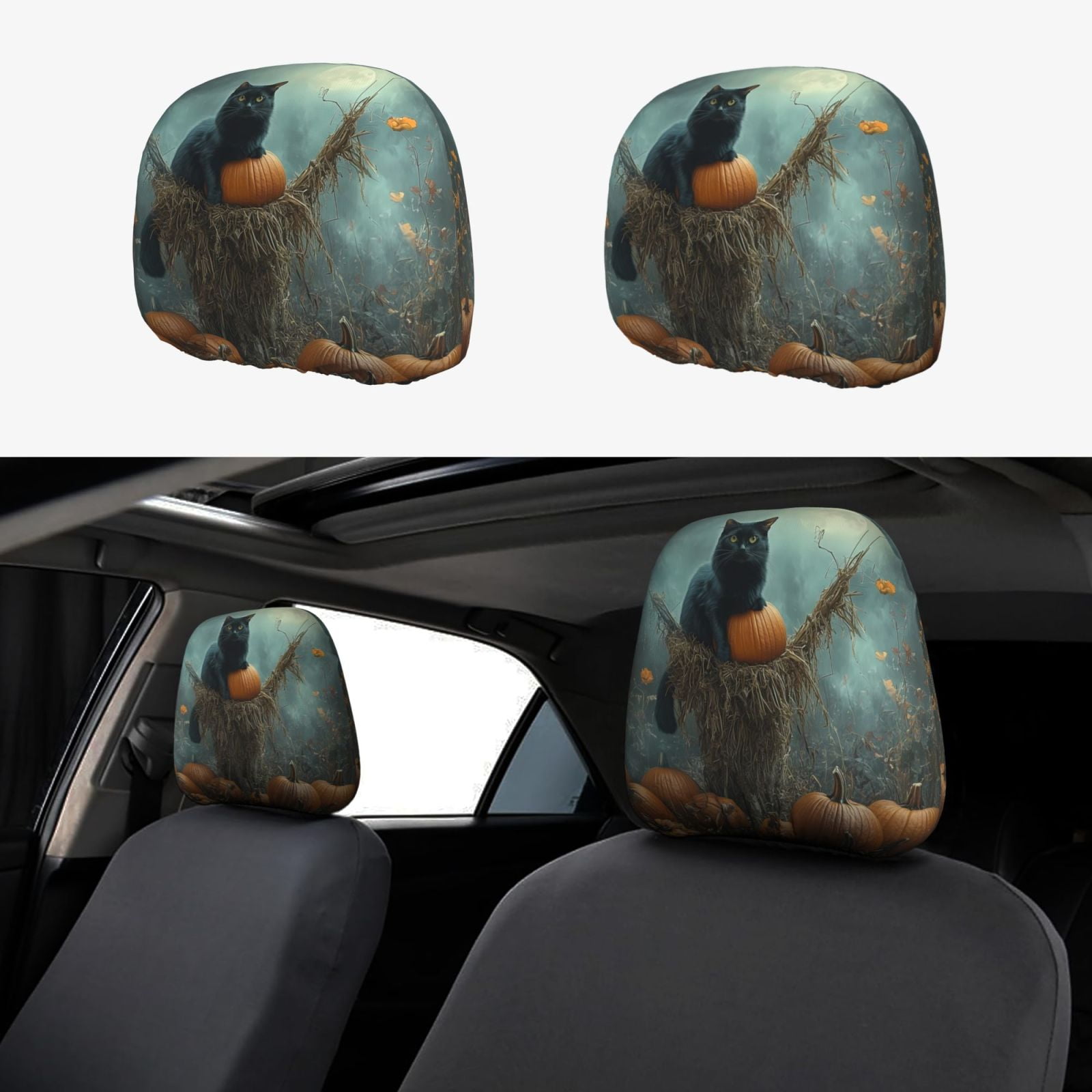2 PCS Car Headrest Cover, Halloween Pumpkin Black Cat B Soft Car Seat ...