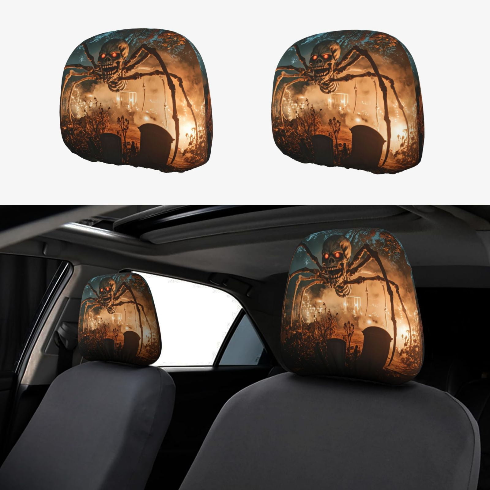 2 PCS Car Headrest Cover, Halloween Spider Skull Monster A Soft Car ...