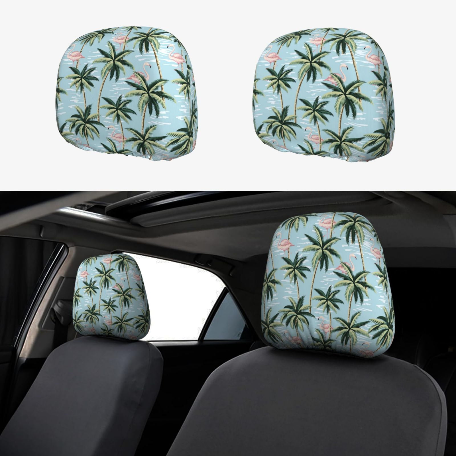 2 PCS Car Headrest Cover, Hawaiian Style Flamingo Soft Car Seat Head ...