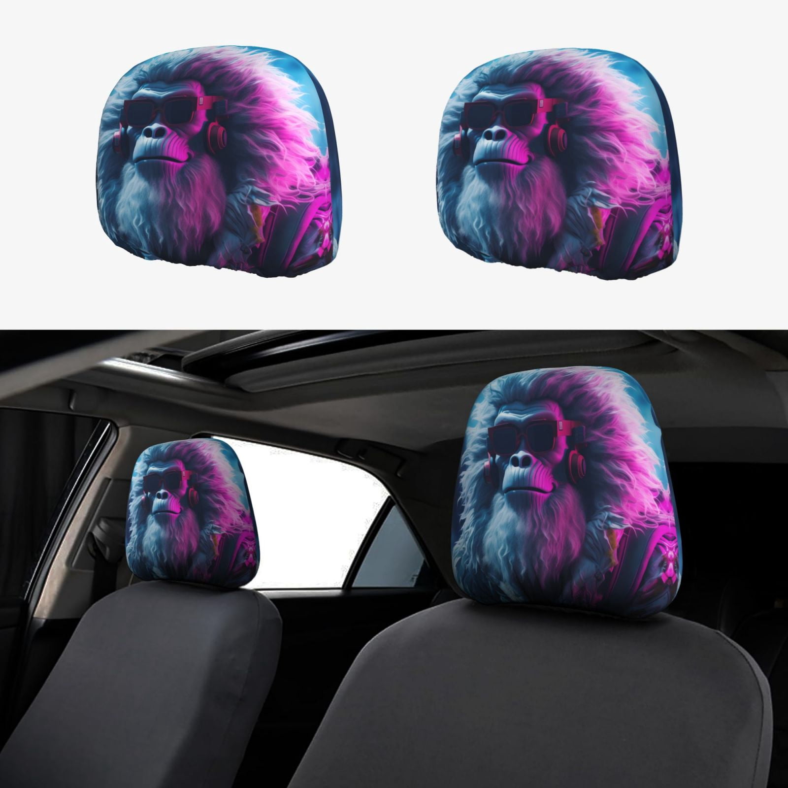 2 PCS Car Headrest Cover, Hip-Hop Glasses Gorilla Soft Car Seat Head ...