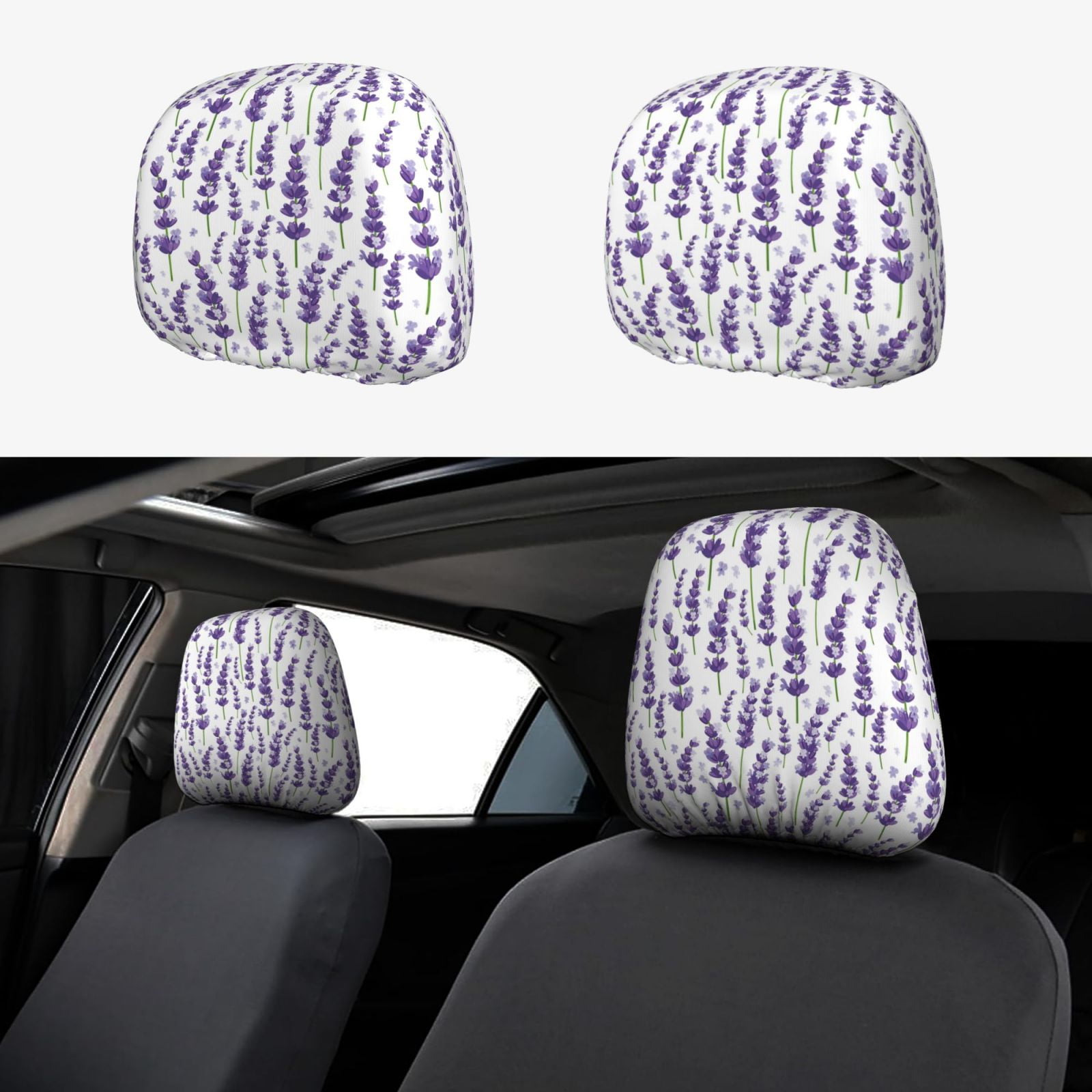 2 PCS Car Headrest Cover, Lavender Flowers Purple Soft Car Seat Head ...
