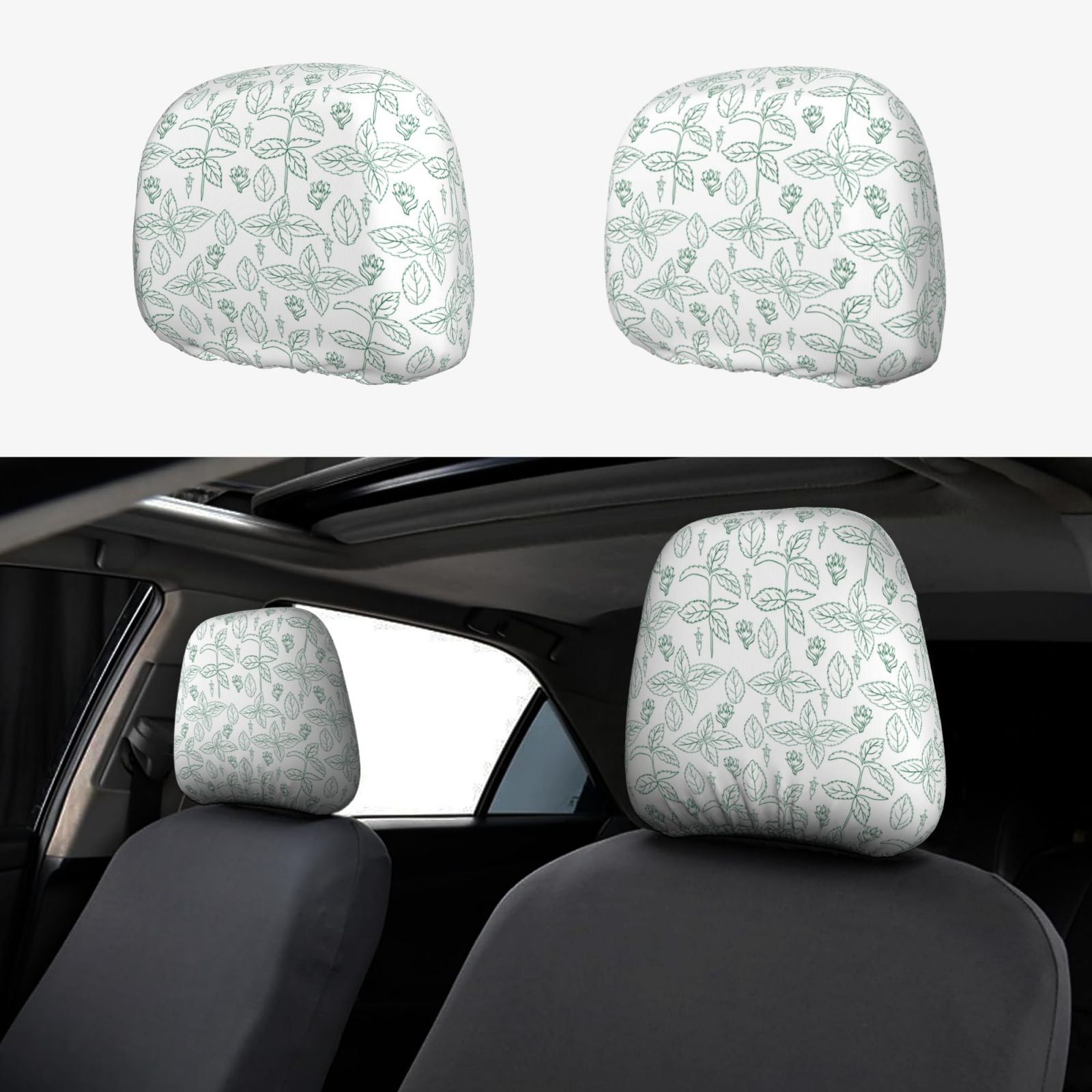 2 PCS Car Headrest Cover Leaf print Breathable Flexible Elastic Car ...