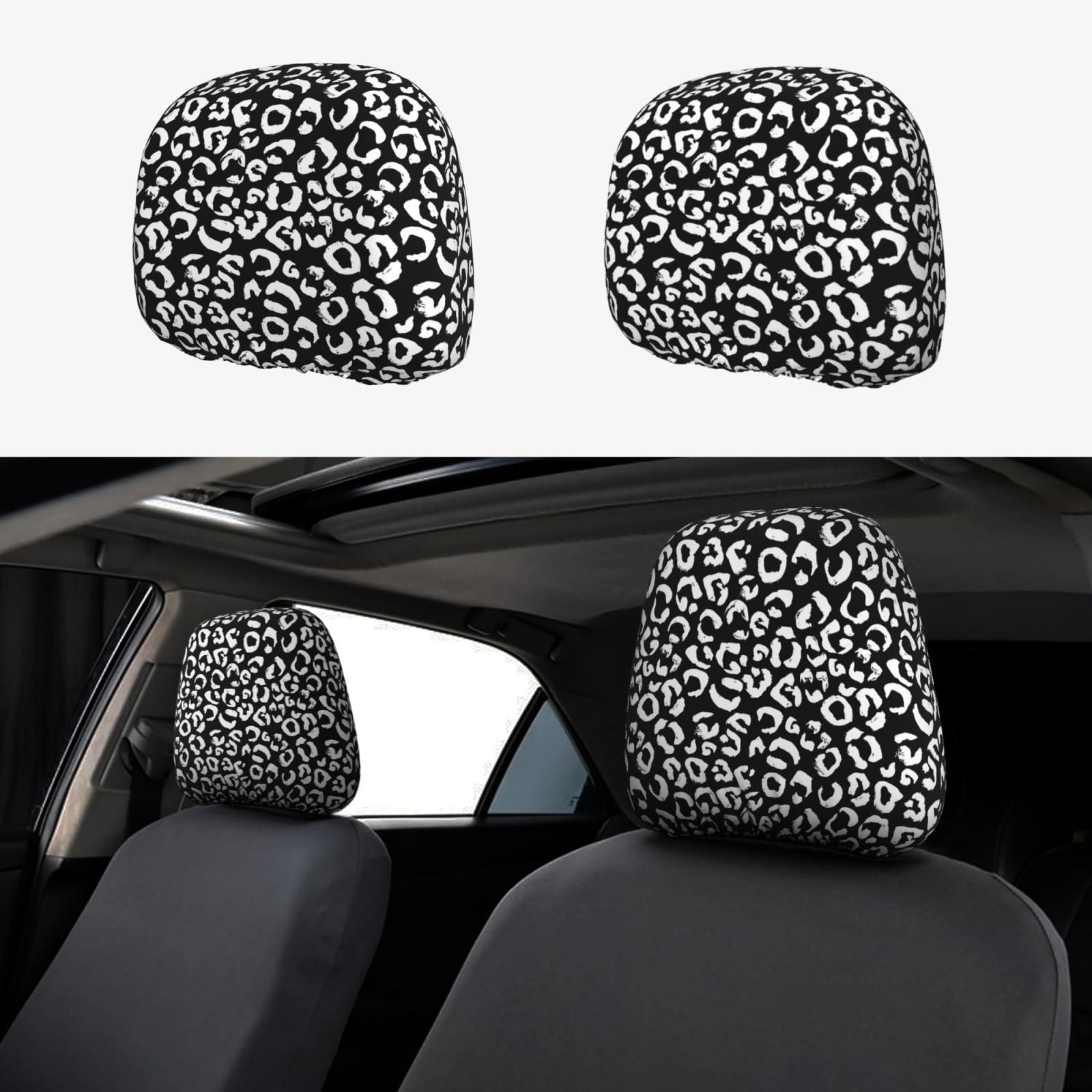 2 PCS Car Headrest Cover, Leopard cool black white print Soft Car Seat ...