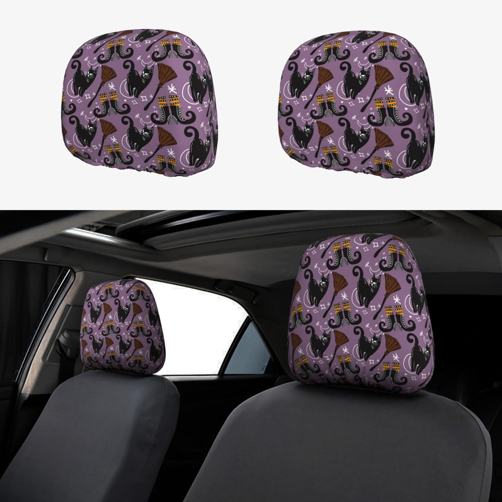 2 PCS Car Headrest Cover, Magic Style Cartoon Broom Cat Soft Car Seat ...