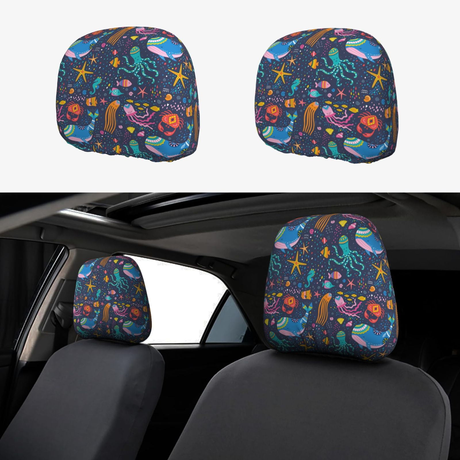 2 PCS Car Headrest Cover, Marine Inhabitants Soft Car Seat Head Rest ...