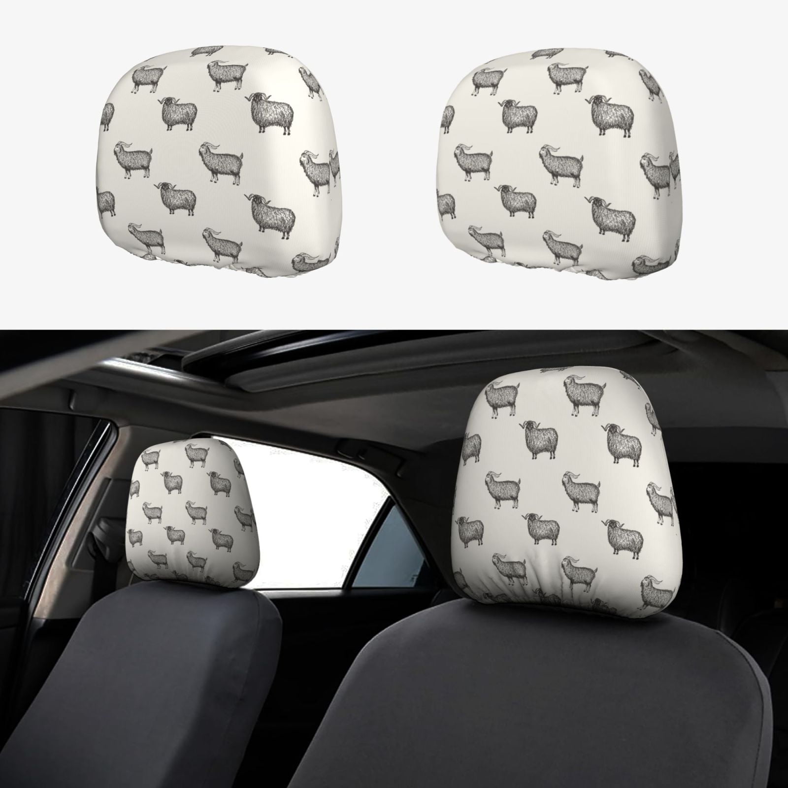 2 PCS Car Headrest Cover, Modern Hand Drawn Cute Goat Soft Car Seat ...