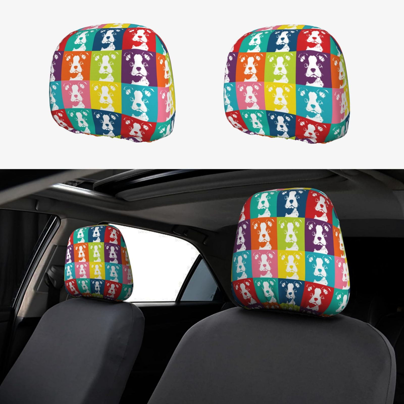 2 PCS Car Headrest Cover, Multicolor Cute French Bulldog Soft Car Seat ...