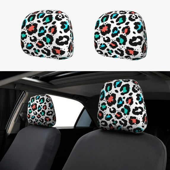 2 PCS Car Headrest Cover, Multicolor Leopard Print Soft Car Seat Head ...