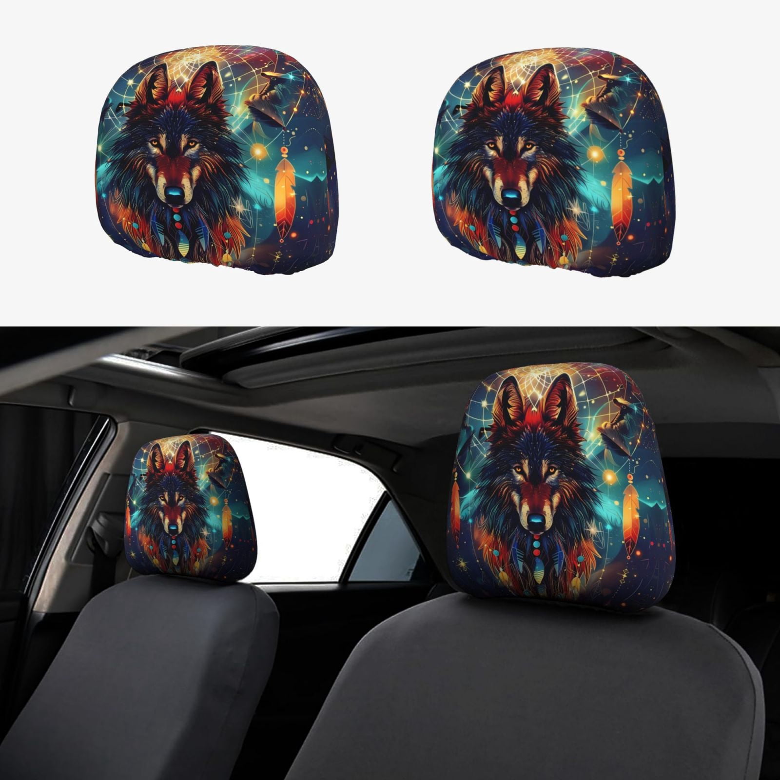 2 PCS Car Headrest Cover, Mystic Wolf Dreamcatcher Soft Car Seat Head ...
