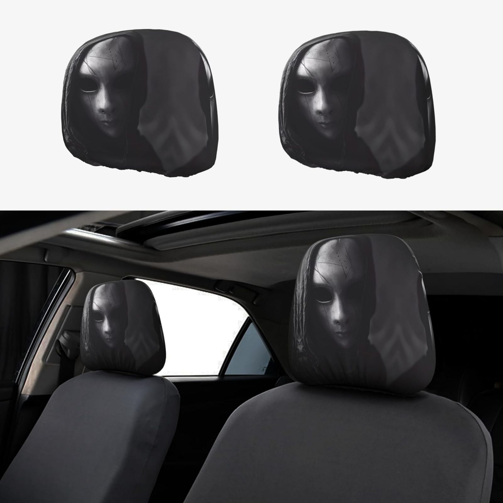 2 PCS Car Headrest Cover, Mystical Masked Figure Monochrome Soft Car ...