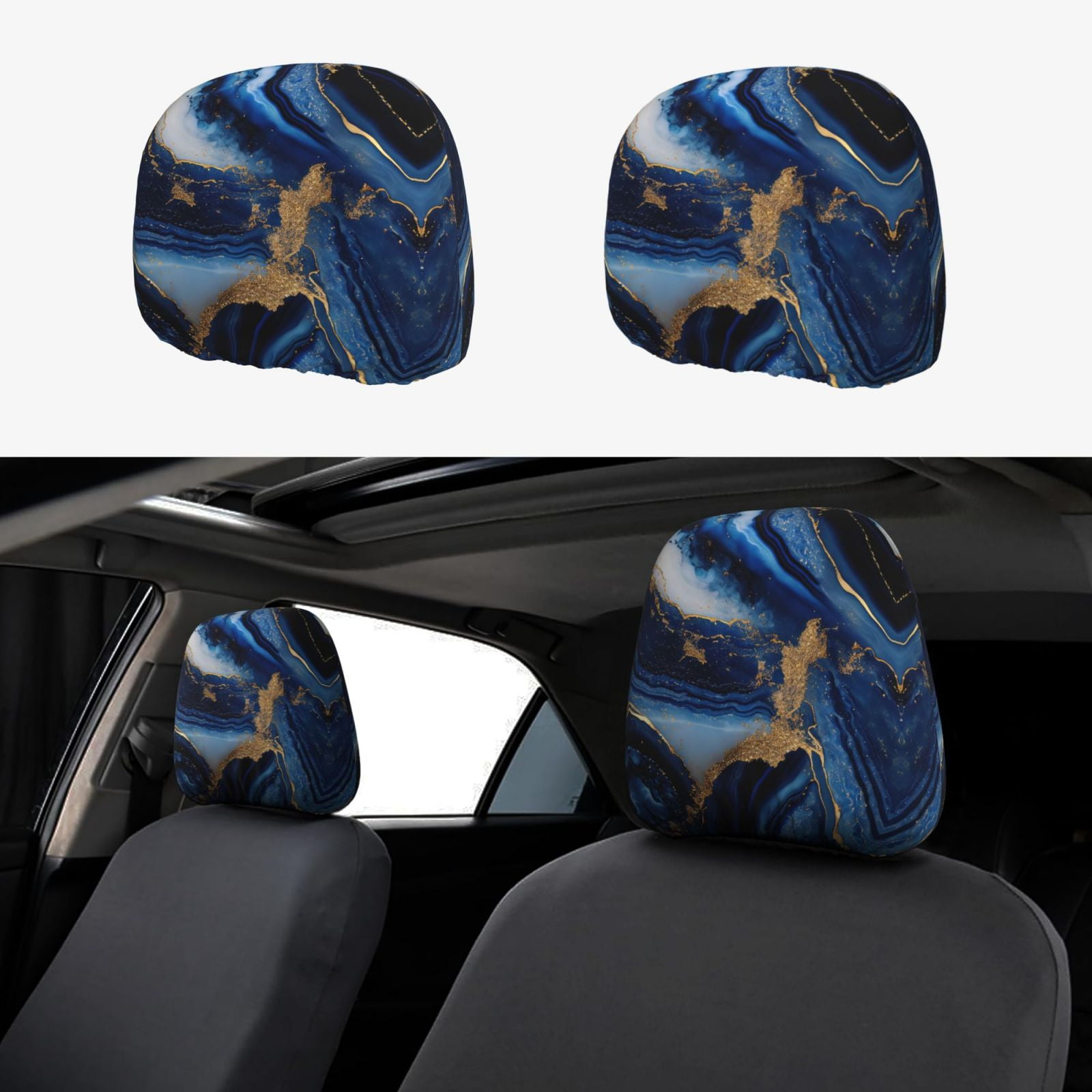 2 PCS Car Headrest Cover Navy Blue Marble Breathable Flexible Elastic ...