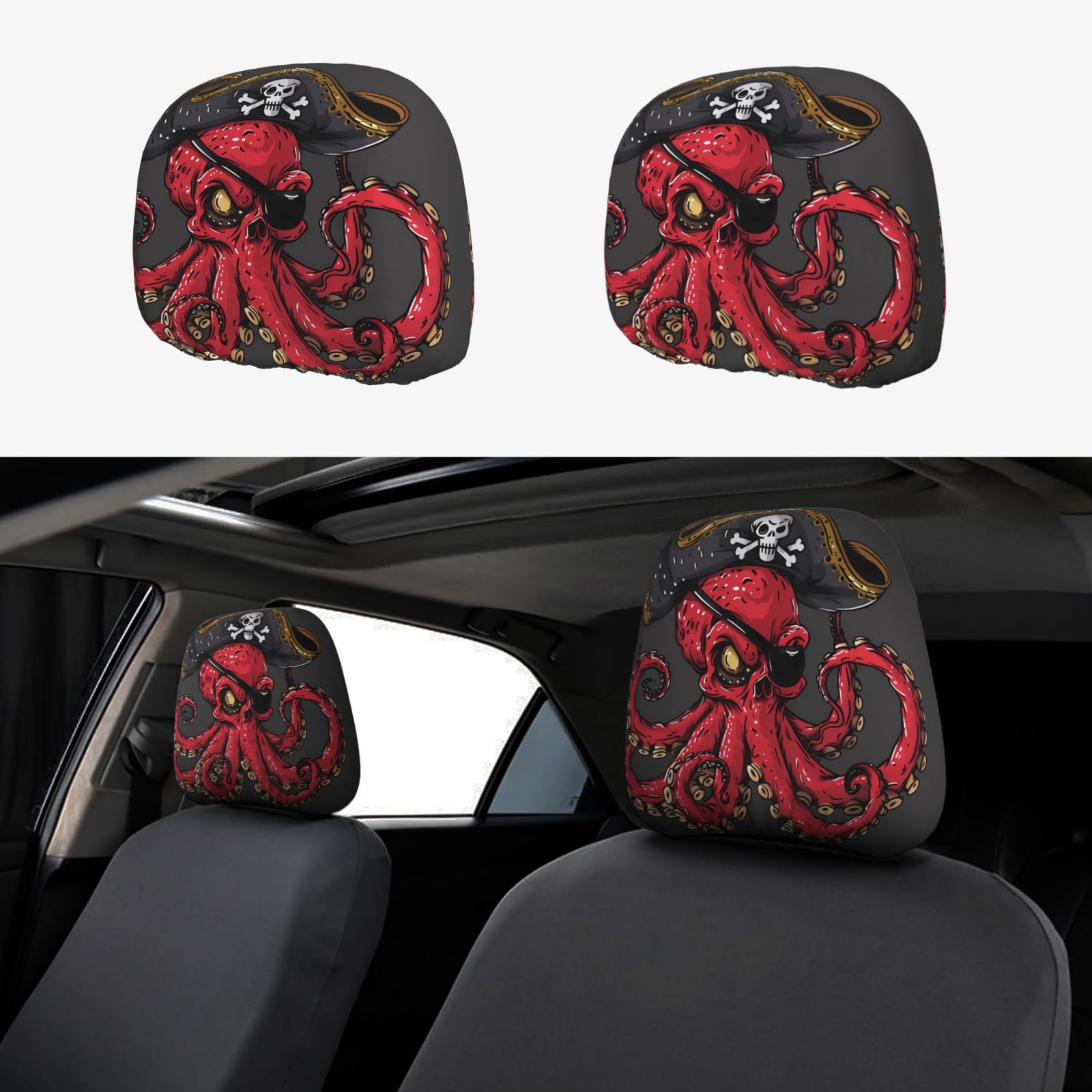 2 PCS Car Headrest Cover, Octopus Pirate Illustration Soft Car Seat ...