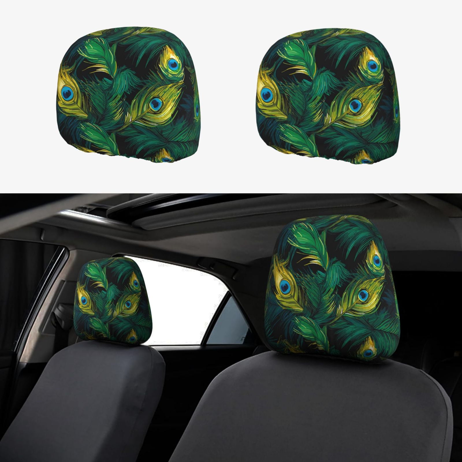 2 PCS Car Headrest Cover, Peacock Feathers2 Soft Car Seat Head Rest ...